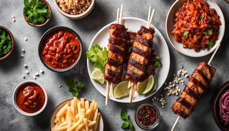 Grilled Meat Skewers With Sauces And Sides Stock Illustration