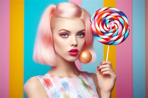 Una Chica Con Cabello Rosado Y Cabello Rosado Sostiene Una Piruleta En La Mano Foto Premium