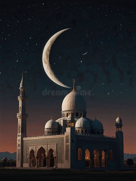 Mosque Against The Backdrop Of The Dark Sky And Moon Stock Illustration Illustration Of