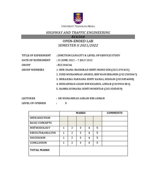 Ecg564 Lab Report Junction Capacity And Los Pdf Transport Land Transport