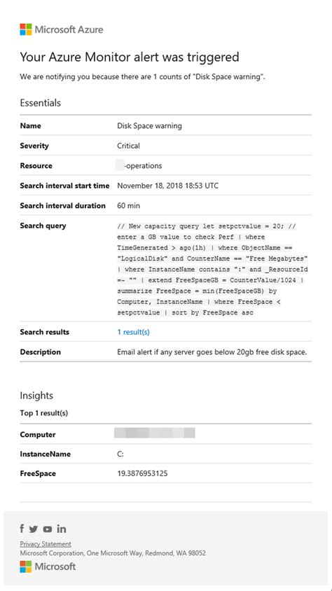 help to set up azure alert for disk space alert when 10gb or less