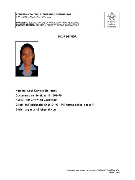 Hoja De Vida Formato Sena Yeison Javier Mañozca Isaza Pdf