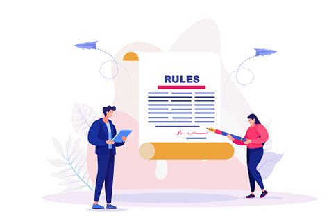 여성 관리자가 규칙 및 규정 문서에 서명했습니다 직원이 따라야 할 정책 및 지침 법적 용어 기업 준수 또는 법률 표준 절차 연필을 든 사업가 플랫 벡터 계약서에 대한 스톡