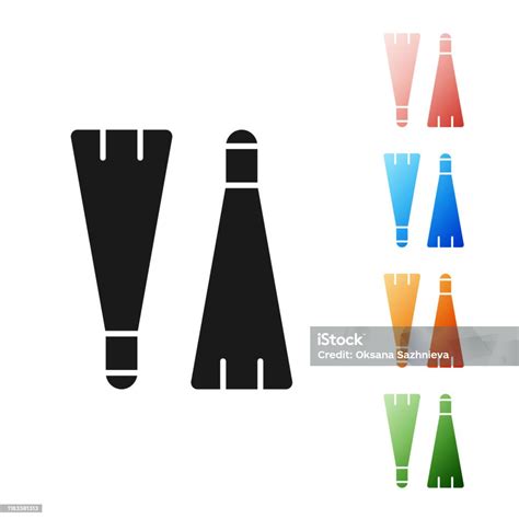 흰색 배경에 격리 된 수영 아이콘용 검은 색 고무 오리발 다이빙 장비 익스트림 스포츠 다이빙 수중 장비 다채로운 아이콘을 설정합니다 벡터 일러스트레이션 모험에 대한 스톡