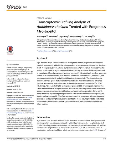 Pdf Transcriptomic Profiling Analysis Of Arabidopsis Thaliana Treated With Exogenous Myo Inositol