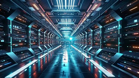 Futuristic Server Room Tunnel Glowing With Blue And Orange Lights Representing Big Data Stock