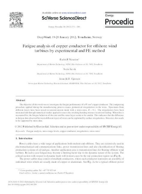Pdf Fatigue Analysis Of Copper Conductor For Offshore Wind Turbines By Experimental And Fe Method
