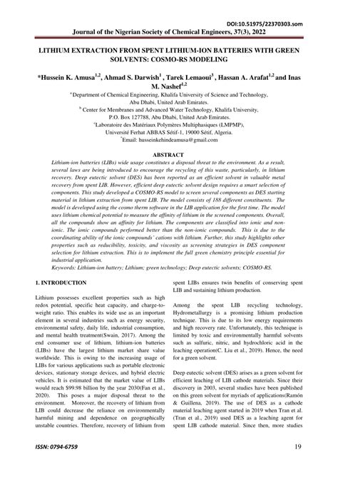 Pdf Lithium Extraction From Spent Lithium Ion Batteries With Green Solvents Cosmo Rs Modeling