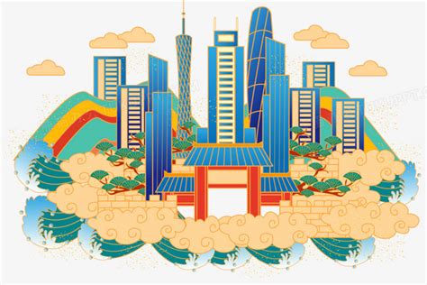 原创红色手绘插画风广州城市建筑地标PNG图片素材下载 红色PNG 熊猫办公
