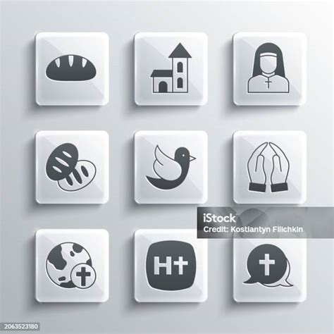 기독교 십자가 기도 위치에 손 비둘기 지구본 빵 및 수녀 아이콘을 설정합니다 벡터 교회에 대한 스톡 벡터 아트 및 기타 이미지 교회 기도하기 기독교 Istock