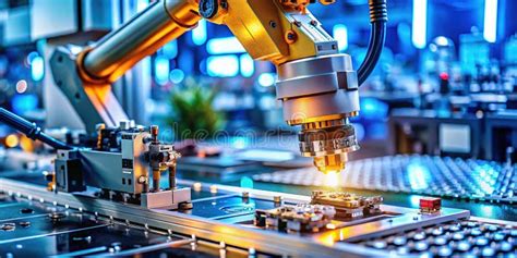 Precision Engineering In Action Robotic Arm Assembling Microelectronics In A Modern Factory