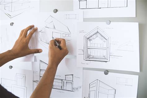 건축가 설계 엔지니어 스케치 드로잉 초안 작업 원근 스케치 설계 주택 건설 프로젝트 개념에 대한 스톡 사진 및 기타 이미지 개념 건설 산업 건설업자 Istock