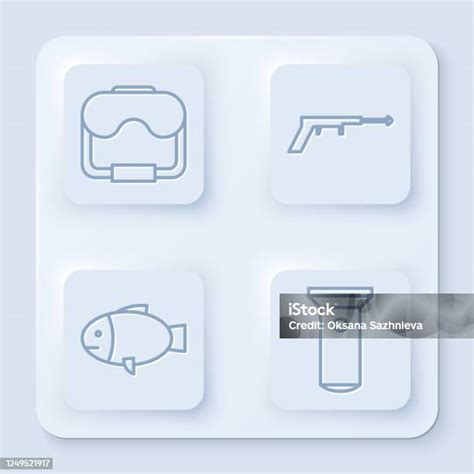 세트 라인 다이빙 마스크 낚시 작살 물고기와 손전등 흰색 정사각형 버튼 벡터 낚시에 대한 스톡 벡터 아트 및 기타 이미지 낚시 날카로운 다이빙 경기 Istock