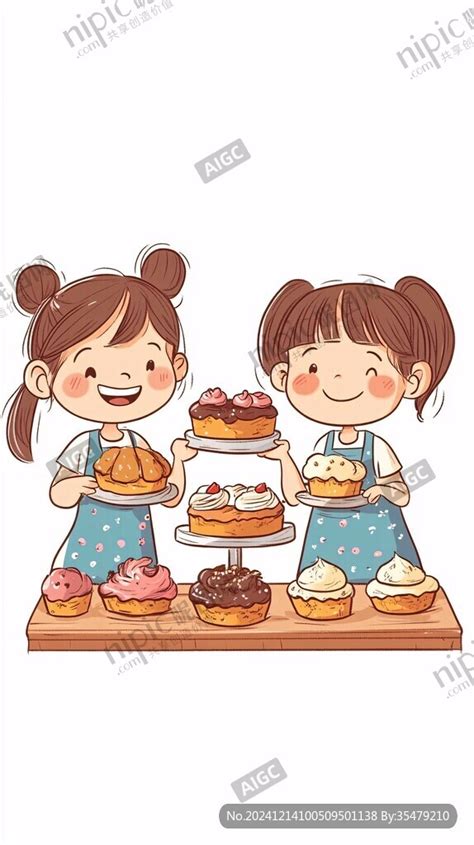 ai创作图做蛋糕女生插画设计 卡通女孩美食吃货 食品女孩插画 吃面包插画 甜品女生插画素材 做糕点人物插画 蛋糕店卡通女孩 卡通闺蜜喝下午茶