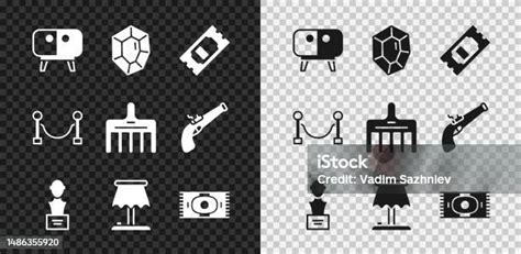 Tv 테이블 스탠드 보석 돌 영화관 티켓 석고 머리 조각 흉상 테이블 램프 클래식 카펫 로프 장벽 및 헤어 브러시 아이콘을 설정하십시오 벡터 가격에 대한 스톡 벡터 아트 및