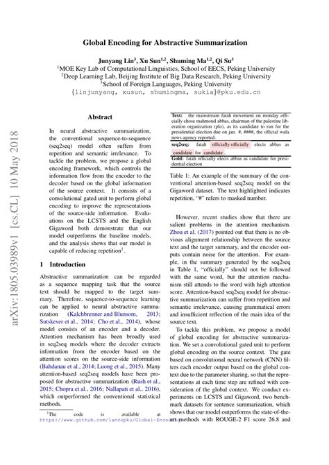 Pdf Global Encoding For Abstractive Summarization