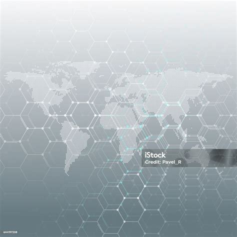 화이트 점선 세계 지도 선 및 점 회색 배경에 연결 화학 패턴 육각 분자 구조 의료 연구 의학 기술 개념입니다 추상적인 디자인