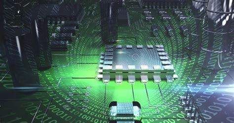 Image Of Computer Circuit Board Elements And Binary Coding Over Green