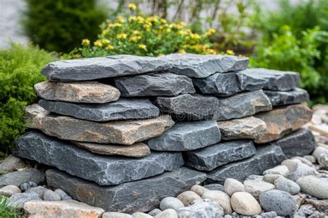 Flat Landscaping Rocks Forming A Small Wall In A Garden With Greenery