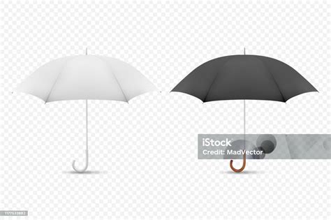 벡터 3d 사실적인 렌더링 흰색과 검은 색 빈 우산 아이콘 은 투명 한 배경에 격리 닫닫기 설정 합니다 모형 브랜딩 광고 등을 위한 열린 파라솔의 디자인 템플릿 정면 보기