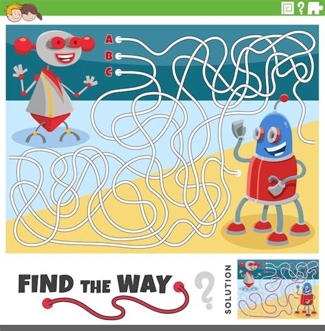 premium vector maze activity game with cartoon robots fantasy characters
