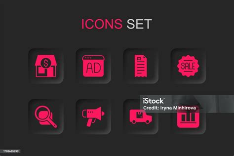 확성기 광고 시장 상점 배달화물 트럭 판매 가격표 파이 차트 인포 그래픽 재무 수표 및 돋보기 아이콘을 설정합니다 벡터 0명에 대한 스톡 벡터 아트 및 기타 이미지 Istock