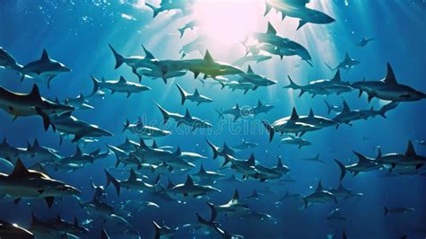 A School Of Synchronized Sharks Swimming In The Ocean A School Of Sharks In Perfect