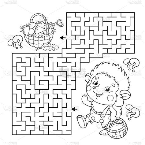 迷宫或迷宫游戏。谜题。彩色页大纲的卡通小刺猬与篮子的蘑菇。儿童涂色本。
