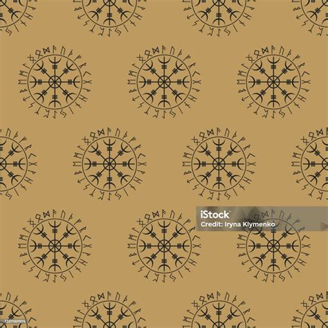 공포의 투구 또는 테러 기호의 투구 바이킹 룬 아이슬란드의 보호와 승리의 상징 매끄러운 패턴 비열한 마술 노란색 배경의 벡터 그림 룬에 대한 스톡 벡터 아트 및 기타 이미지