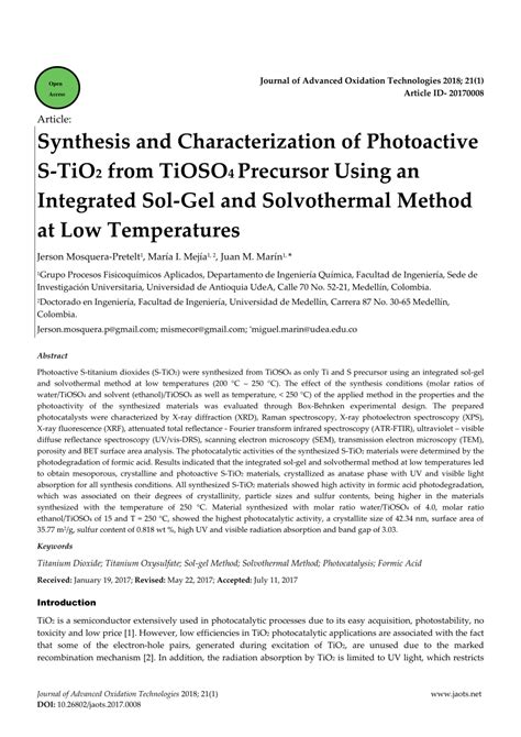 Pdf Synthesis And Characterization Of Photoactive S Tio 2 From Tioso 4 Precursor Using An