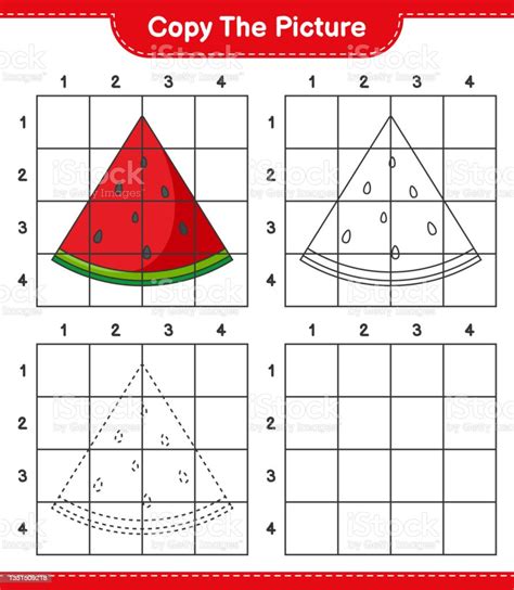 그림을 복사하여 그리드 라인을 사용하여 수박 사진을 복사합니다 교육 어린이 게임 인쇄 워크 시트 벡터 일러스트레이션 모방하기에 대한 스톡 벡터 아트 및 기타 이미지 Istock