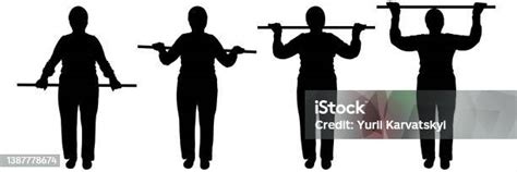 80대 노인 여성이 운동을 하고 있습니다 스포츠 한 실루엣의 4 가지 위치 사람에 의해 체조 스틱의 부드러운 리프팅 애니메이션을