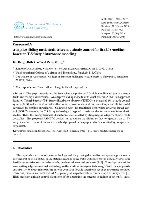 Pdf Adaptive Sliding Mode Fault Tolerant Attitude Control For Flexible Satellites Based On T S