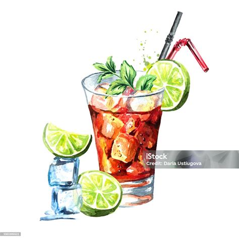 유리의 쿠바 리브레 라임 칵테일 얼음 큐브 및 민트 흰색 배경에 고립 수채화 손으로 그린 그림 0명에 대한 스톡 벡터 아트 및 기타 이미지 Istock
