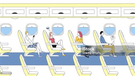승객 국제 항공편의 개념 남성과 여성 캐릭터는 비행기에 앉아 휴가에 비행 현대 비행기 보드 인테리어입니다 만화 선형 윤곽선 플랫 스타일입니다 벡터 일러스트레이션 개념에 대한