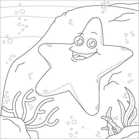 어린이 색칠 공부 페이지 벡터 일러스트 레이 션에 적합한 해저에 귀여운 불가사리 프리미엄 벡터