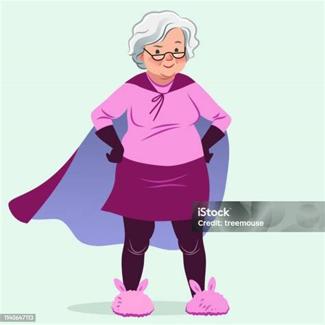 슈퍼 히어로의 할머니는 엉덩이에 손으로 서 있는 의상 벡터 만화 그림입니다 친절 하 고 자신감을 웃는 백인 고위 여자 케이프 토끼 슬리퍼를 입고 생활 습관 노년 건강 테마