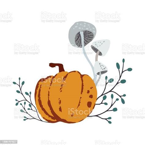 평면 스타일의 가을 디자인 자연 가을 요소 손으로 그린 호박 브런치 및 버섯 엽서 섬유 웹 사이트 및 소셜 미디어에 대한 흰색 배경에 격리 된 벡터 일러스트 레이 션 0명에