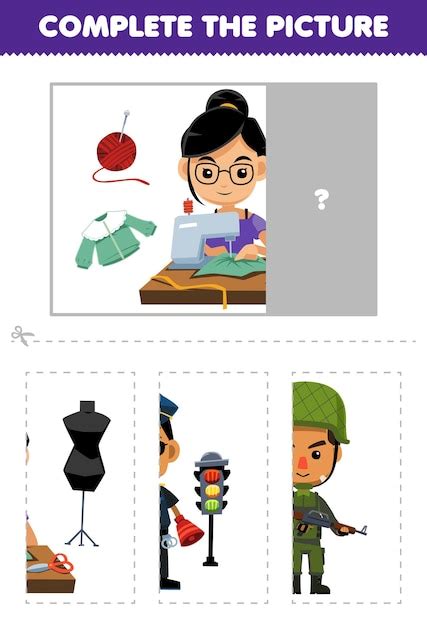 어린이를 위한 교육 게임은 귀여운 만화 재단사 인쇄 가능한 직업 워크시트의 올바른 그림을 자르고 완성합니다 프리미엄 벡터