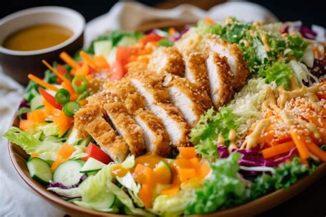 Premium Ai Image Crispy Chicken Katsu Salad With Fresh Lettuce Crunchy Cabbage And Colorful