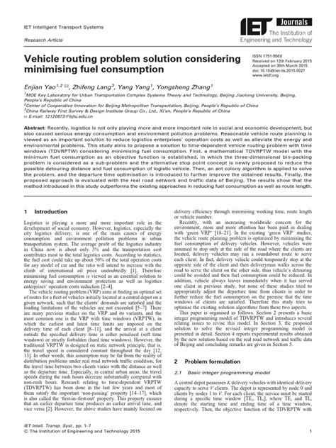 A Vehicle Routing Problem Solution Considering Minimizing Fuel Consumption Pdf Mathematical