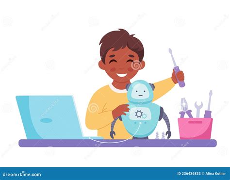 Little Boy Creating A Robot Robotics Programming And Engineering For
