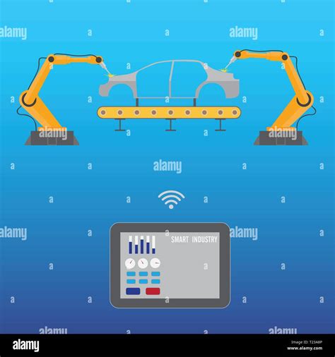 Tablet Controls Robotic Welding Arm On Car Assembly Production Line