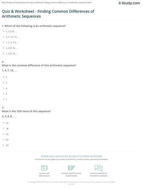 Arithmetic Sequence Worksheet Answers Quiz And Worksheet Finding Mon Differences Of Arithmetic