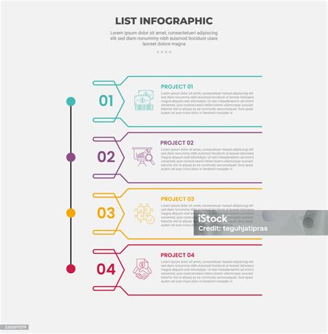목록 수직 스택 프로세스 인포 그래픽 개요 스타일 4 포인트 템플릿 창의적인 라인 컨테이너 리버스 라인 도트 커넥터 슬라이드 프레젠테이션 용 0명에 대한 스톡 벡터 아트 및