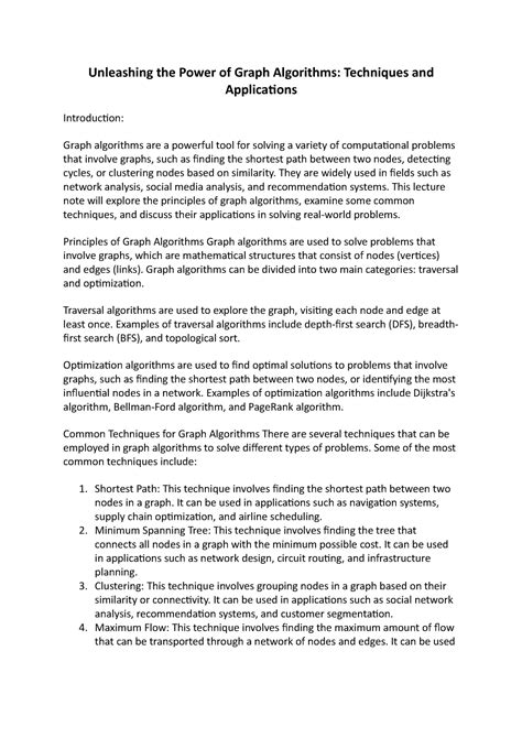 Unleashing The Power Of Graph Algorithms Techniques And Applications