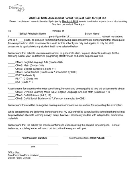 D49 State Assessment Opt Out Request Form 2020 Grand Fill Out And Sign