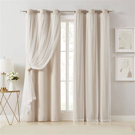 Bujasso Beige 90 Blackout Curtains With Sheer Overlay Mix