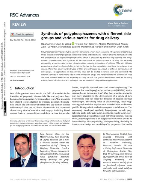 Pdf Synthesis Of Polyphosphazenes With Different Side Groups And Various Tactics For Drug Delivery