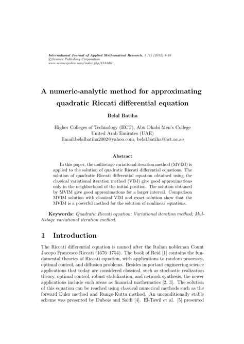 Pdf A Numeric Analytic Method For Approximating Quadratic Riccati Differential Equation